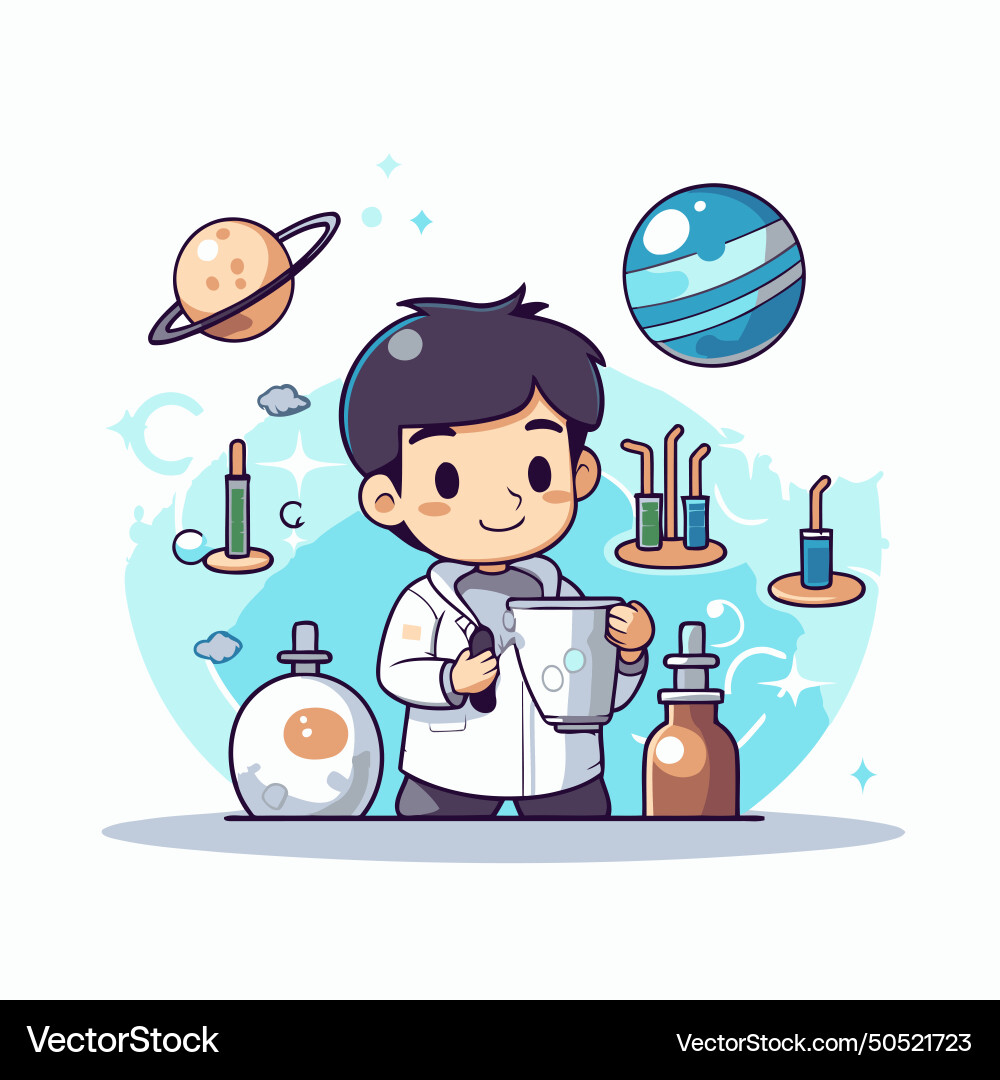 Cartoon boy cosmonaut holding a flask Royalty Free Vector