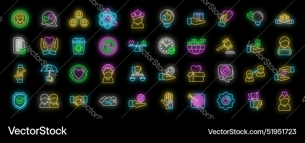 Social responsibility icons set neon Royalty Free Vector