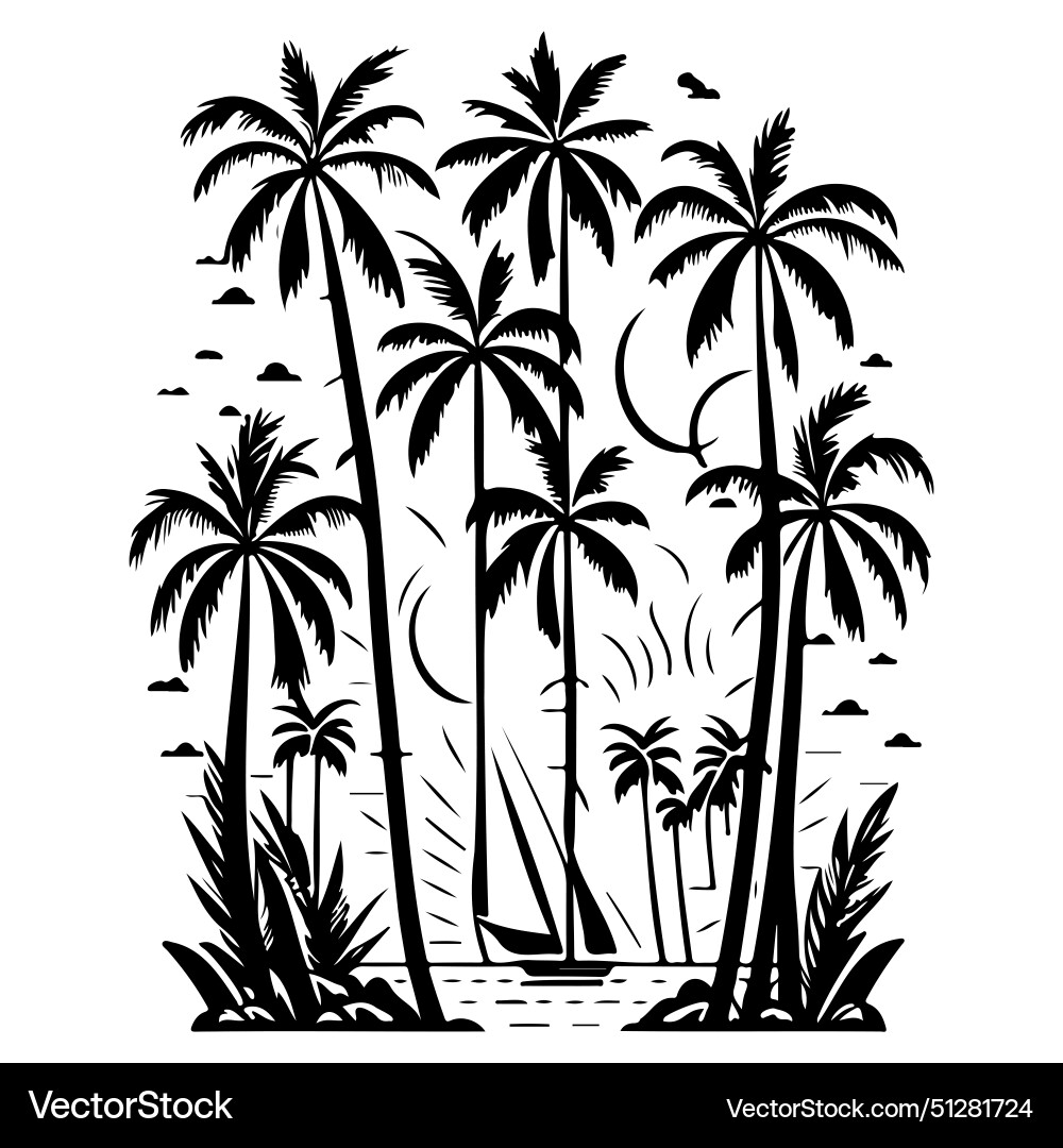 Sail and palm tree sketch Royalty Free Vector Image