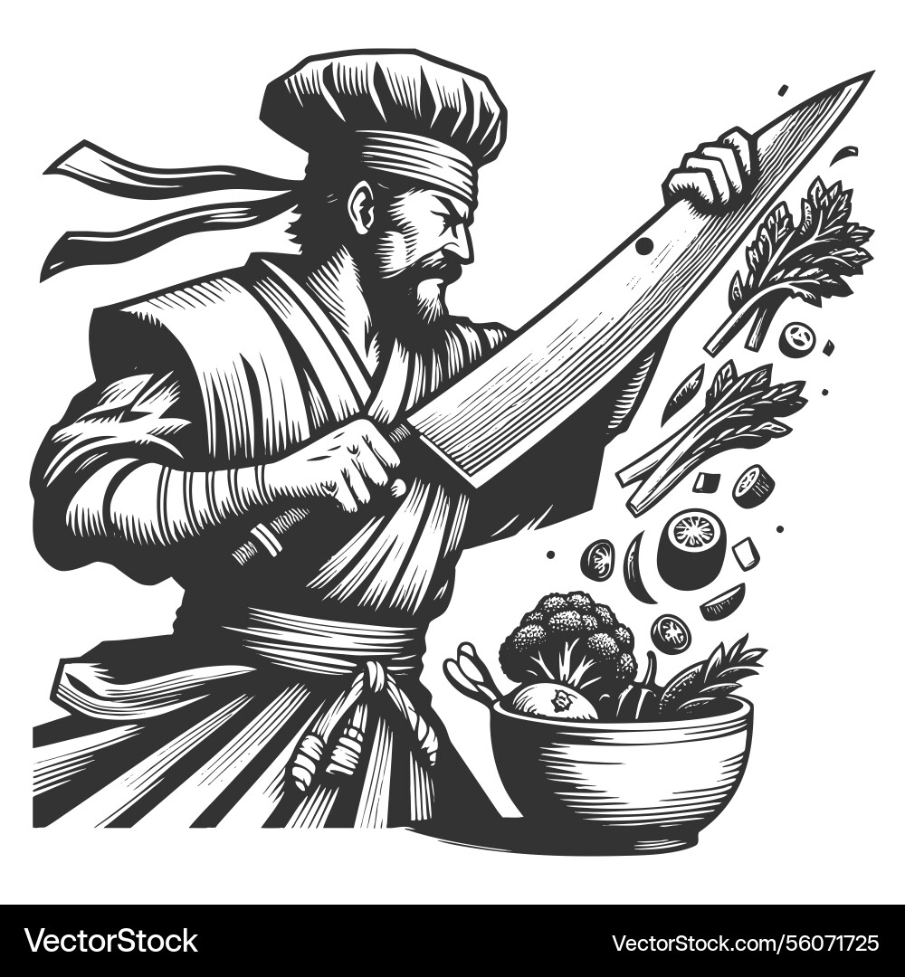 Samurai chef chopping vegetables with giant knife Vector Image