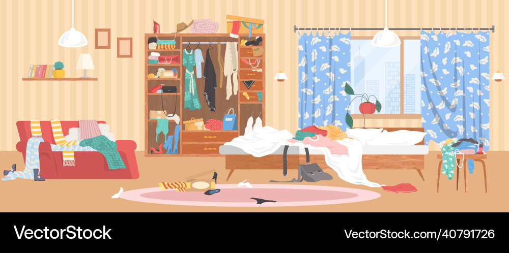 Messy bedroom with scattered stuff female clothes Vector Image