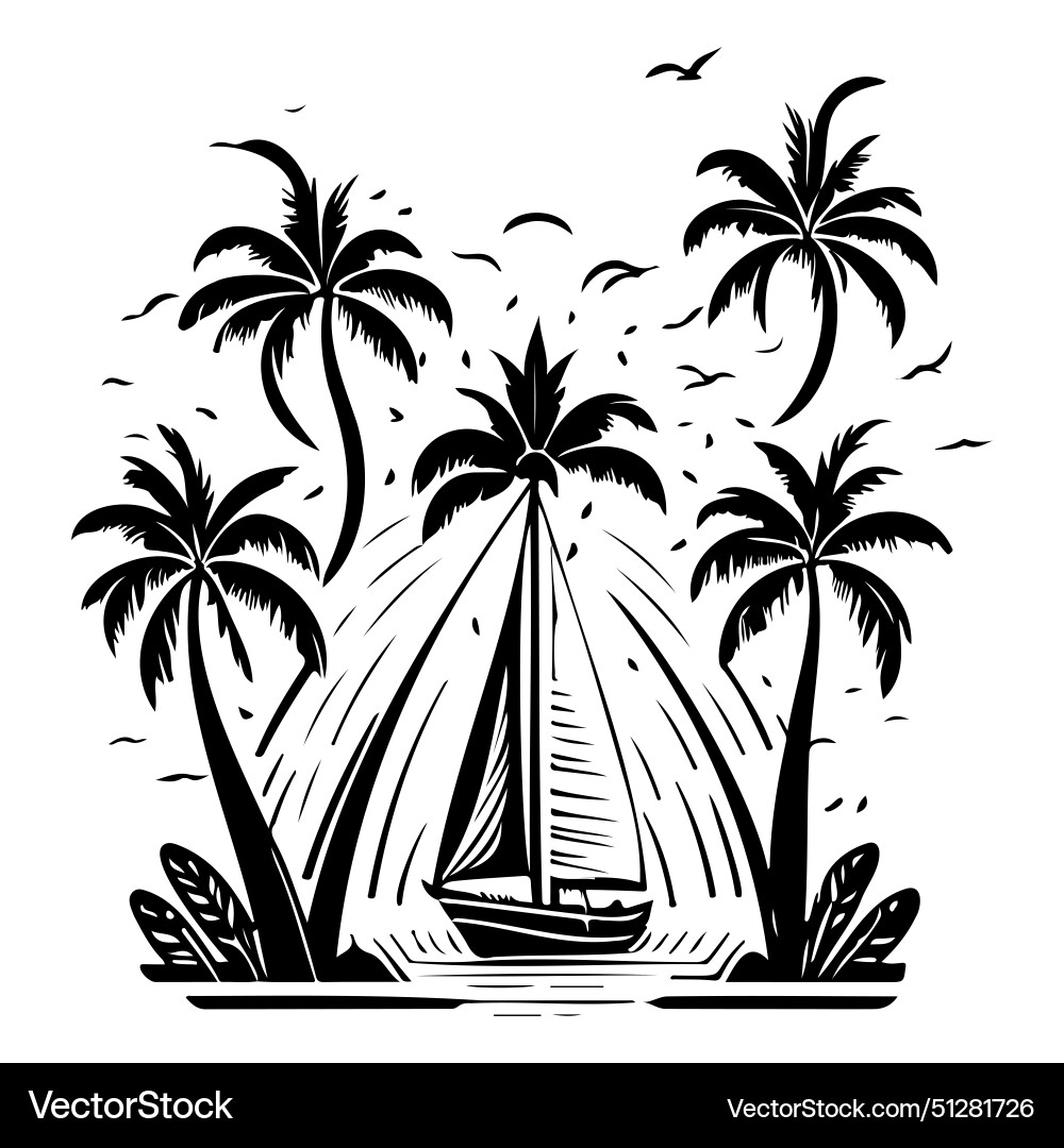 Sail and palm tree sketch Royalty Free Vector Image