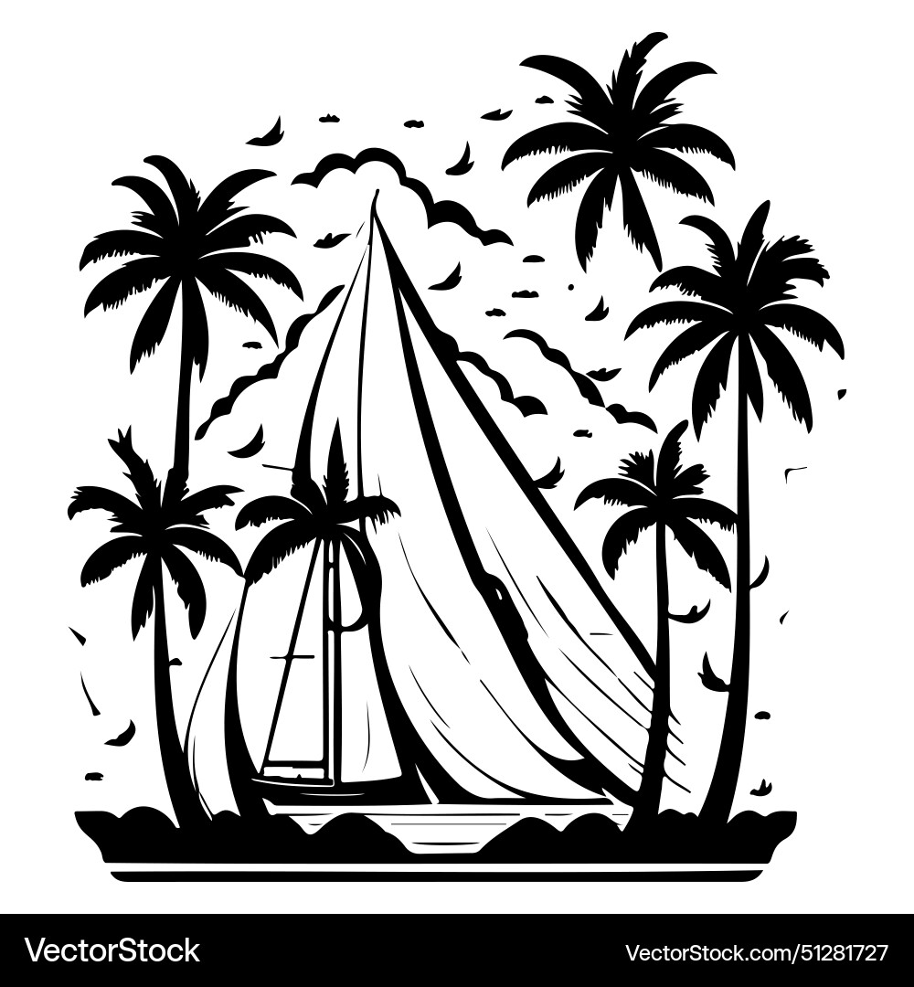 Sail and palm tree sketch Royalty Free Vector Image