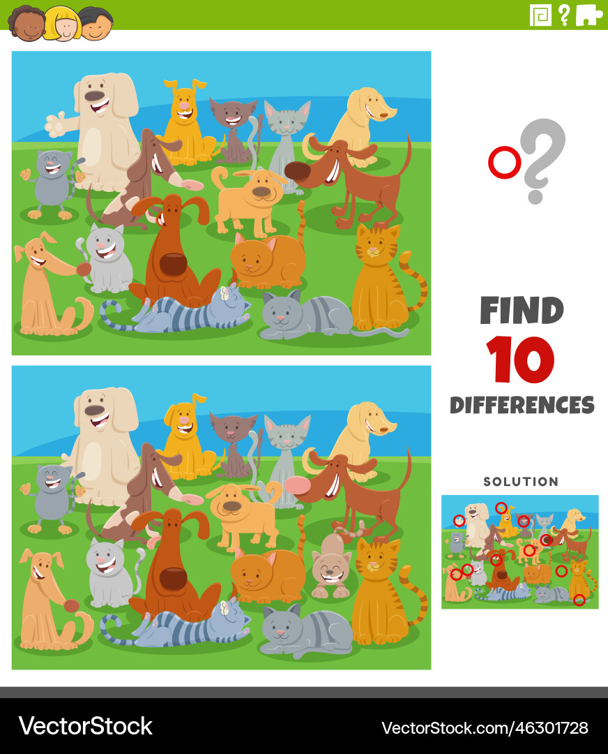 Differences game with cartoon cats and dogs Vector Image