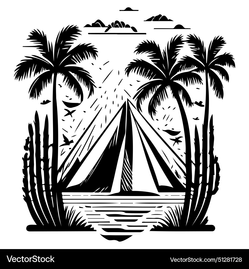 Sail and palm tree sketch Royalty Free Vector Image