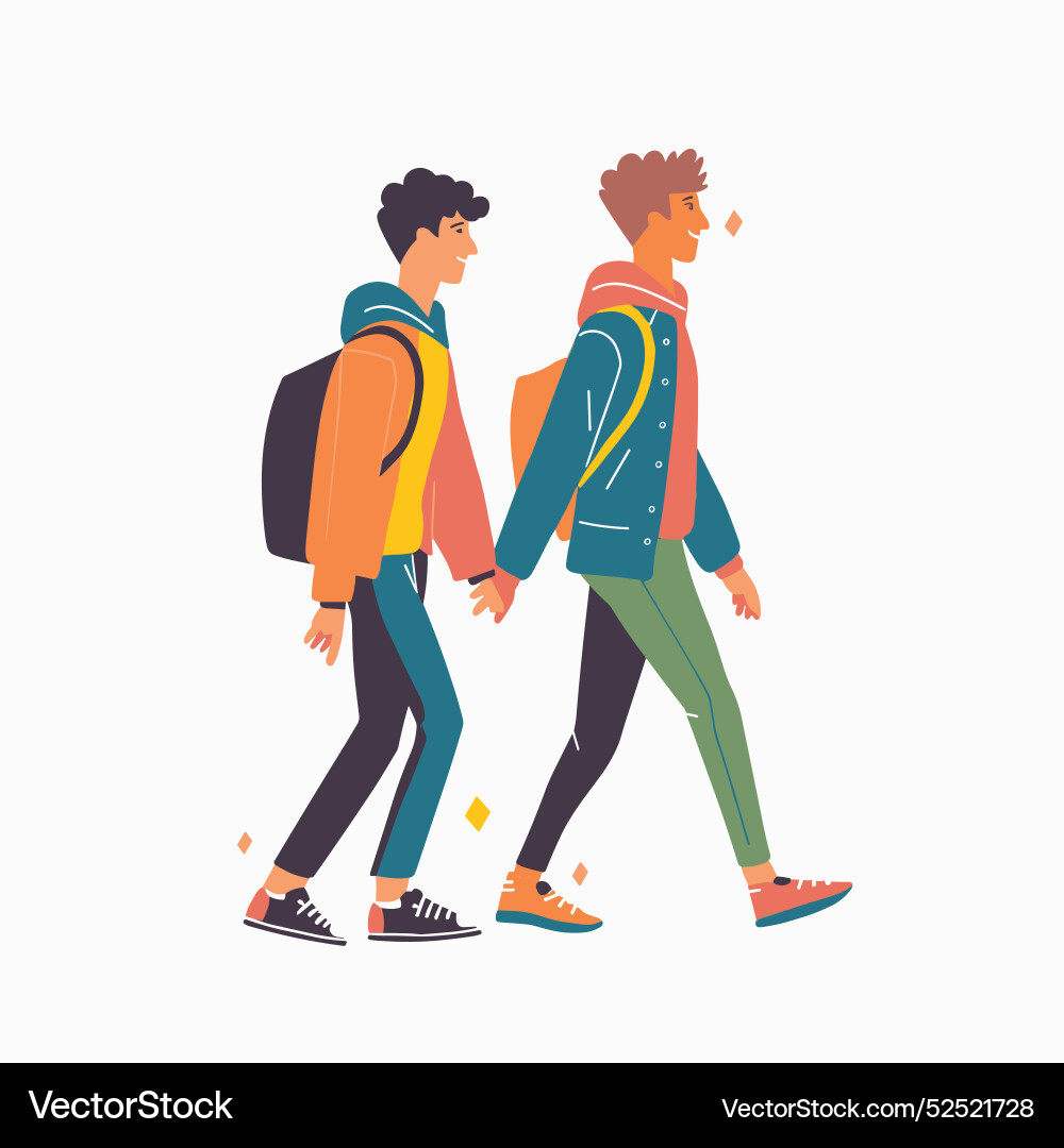 Two young men walking outdoors connected holding Vector Image