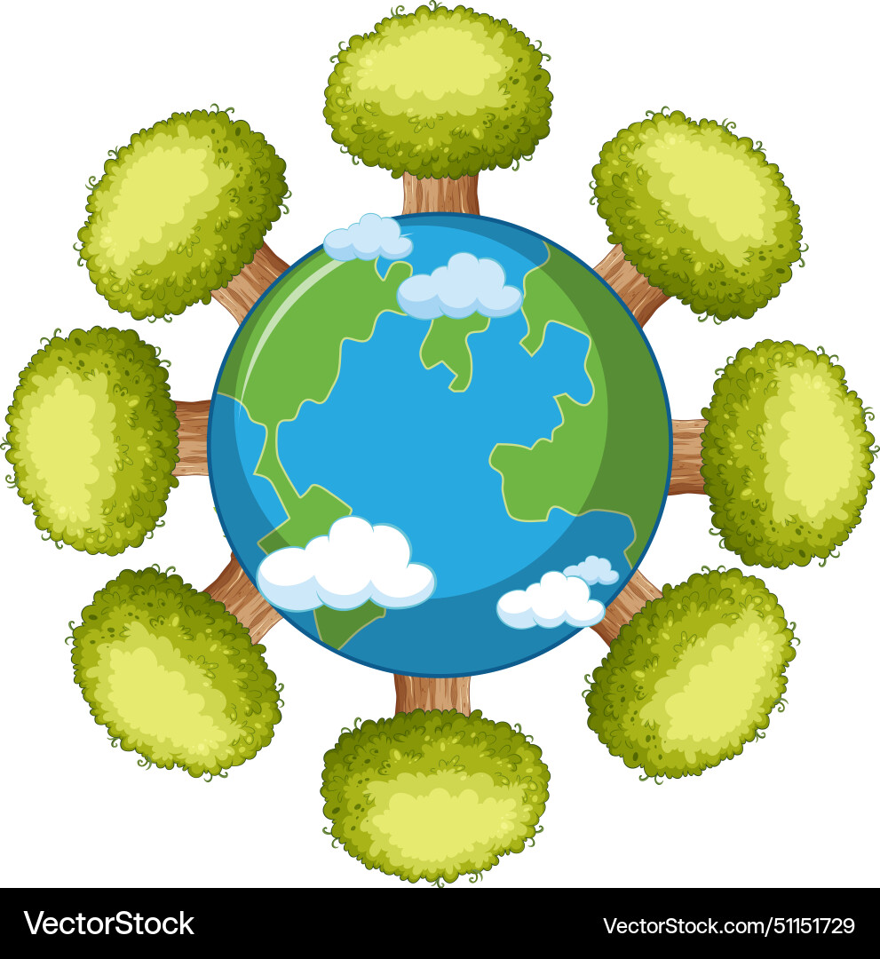 Cartoon earth surrounded by trees and clouds Vector Image
