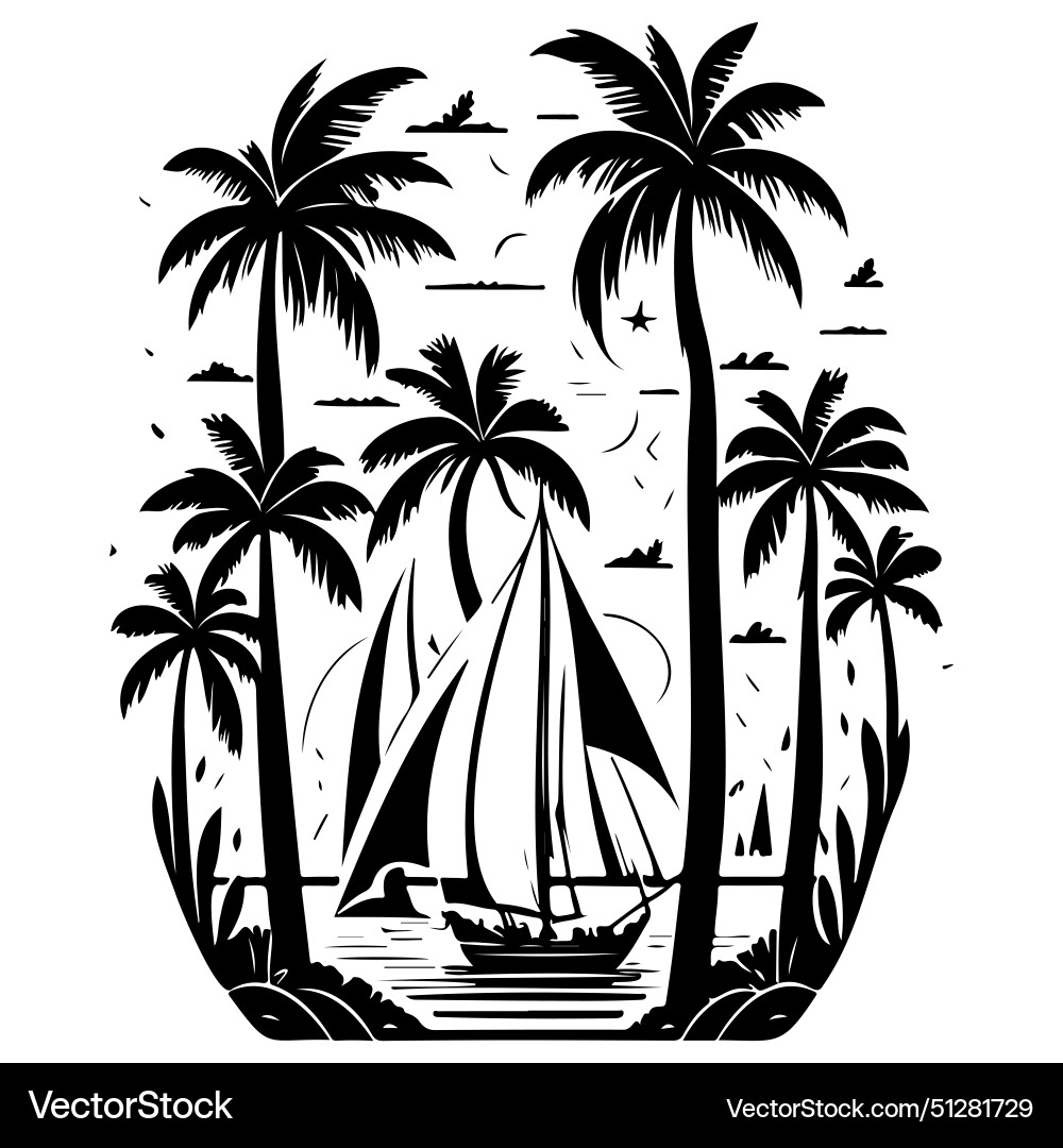 Sail and palm tree sketch Royalty Free Vector Image