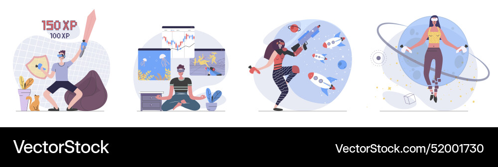 Virtual reality concept with people scenes set Vector Image