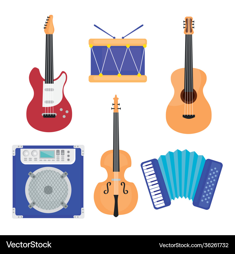 Bundle six musical instruments set icons Vector Image