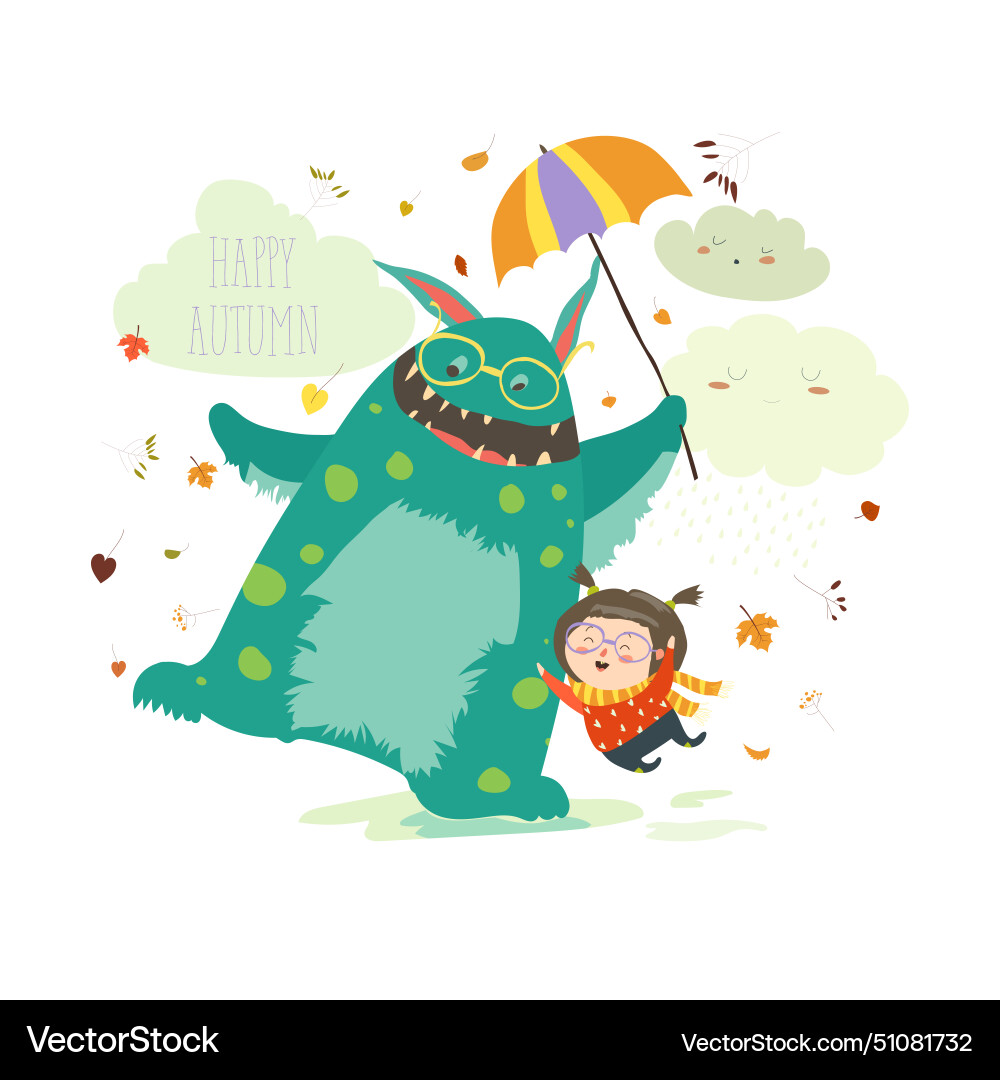 Happy girl with her monster Royalty Free Vector Image