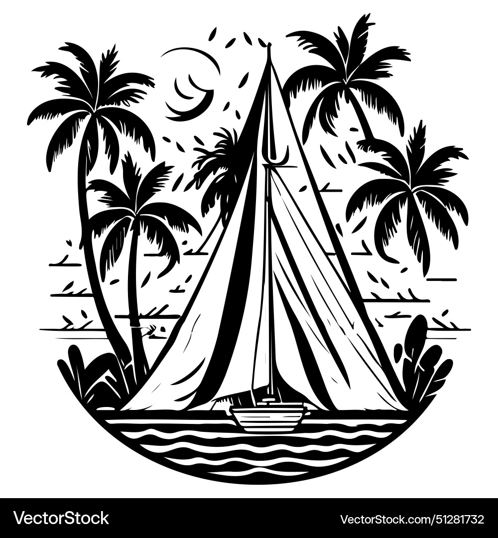 Sail and palm tree sketch Royalty Free Vector Image