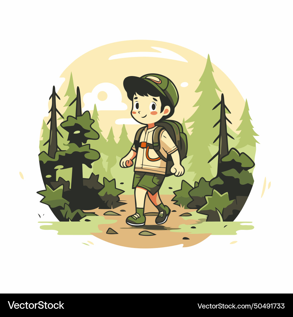 Boy hiking in forest of a with backpack Royalty Free Vector