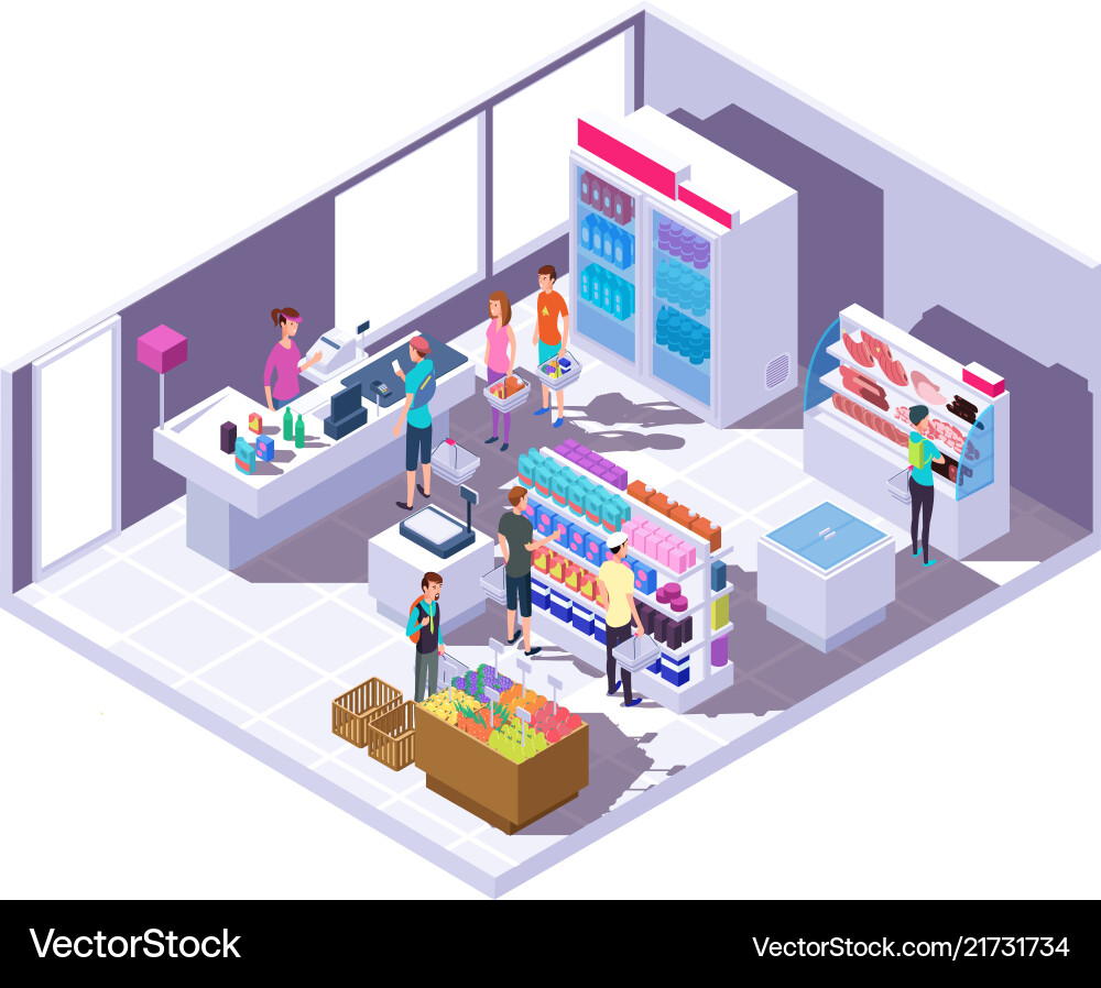 Isometric grocery store interior supermarket Vector Image