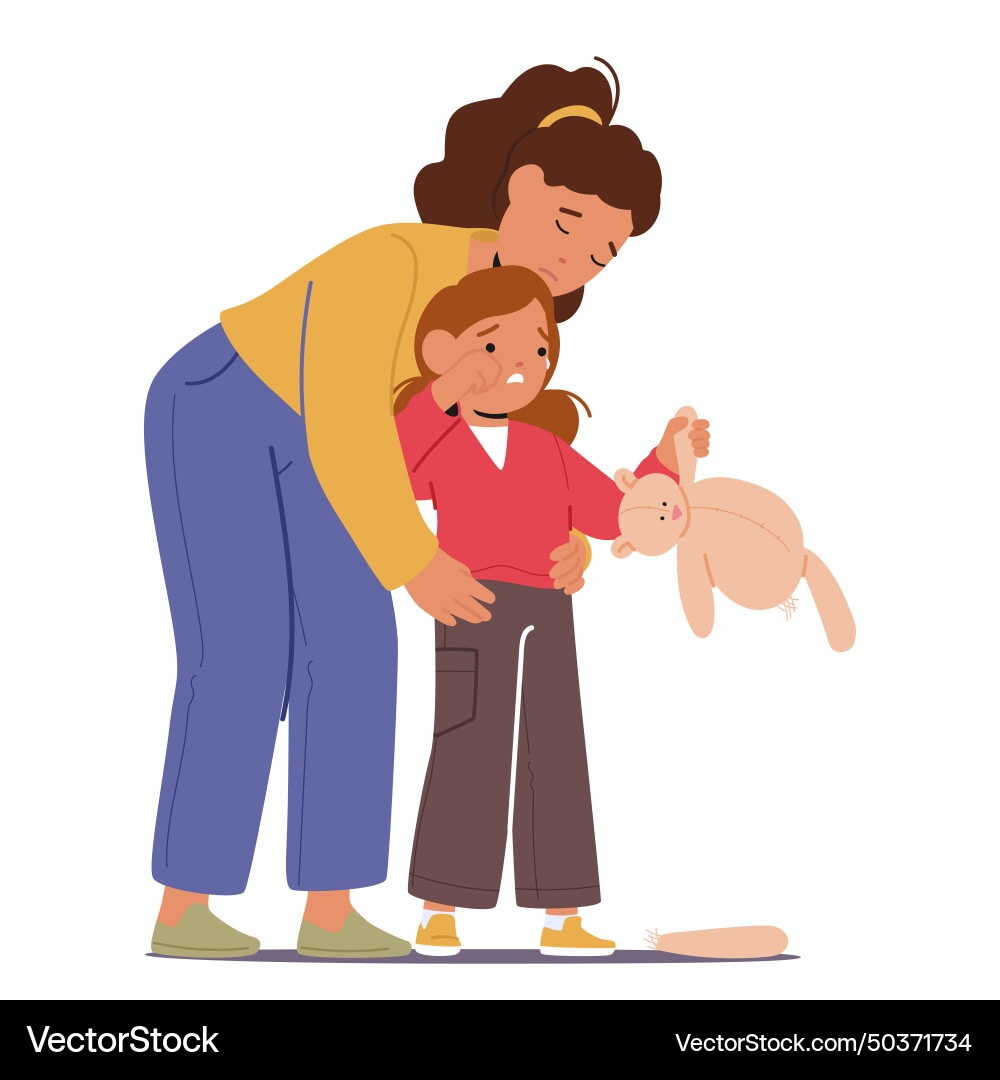 Mother enveloping her little crying daughter Vector Image