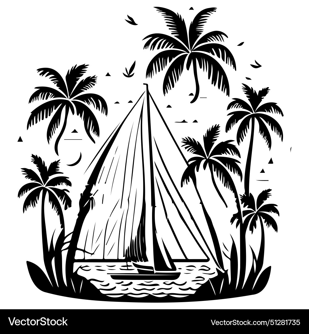 Sail and palm tree sketch Royalty Free Vector Image