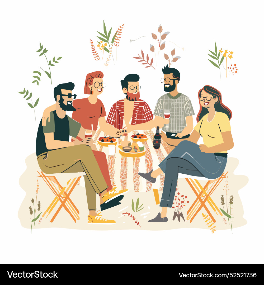 Group friends picnic sharing food drinks outdoors Vector Image