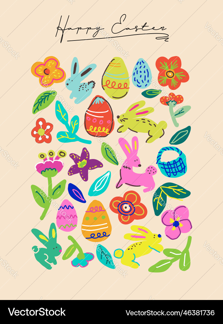 Happy easter colorful hand drawn doodle poster Vector Image