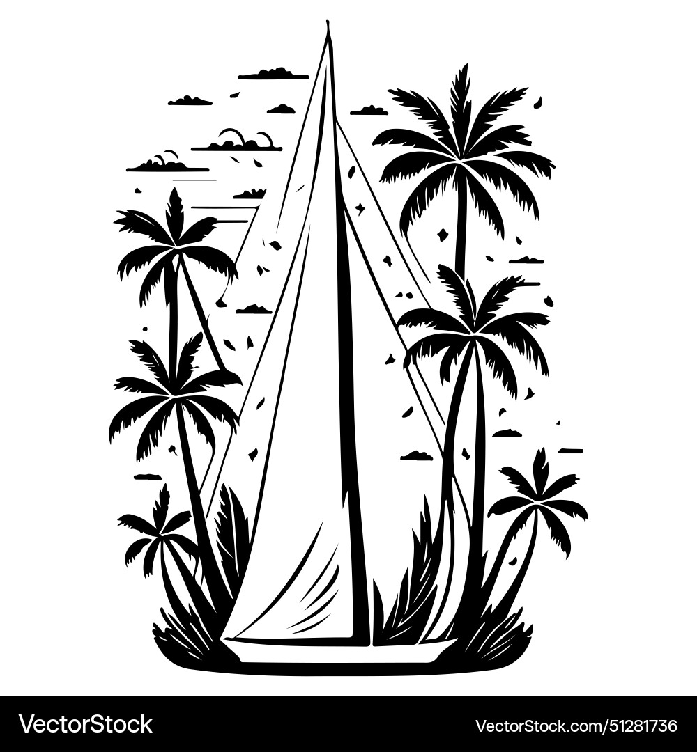Sail and palm tree sketch Royalty Free Vector Image