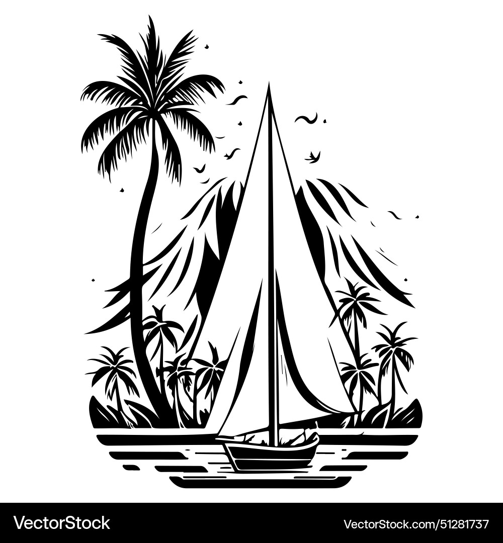 Sail and palm tree sketch Royalty Free Vector Image