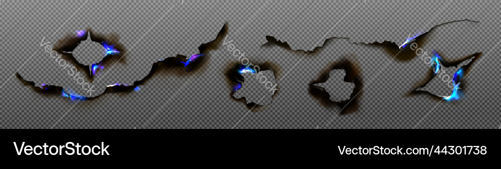 Burn paper holes and borders with blue fire set Vector Image