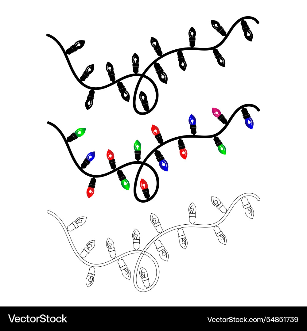 Christmas string lights black color and outline Vector Image