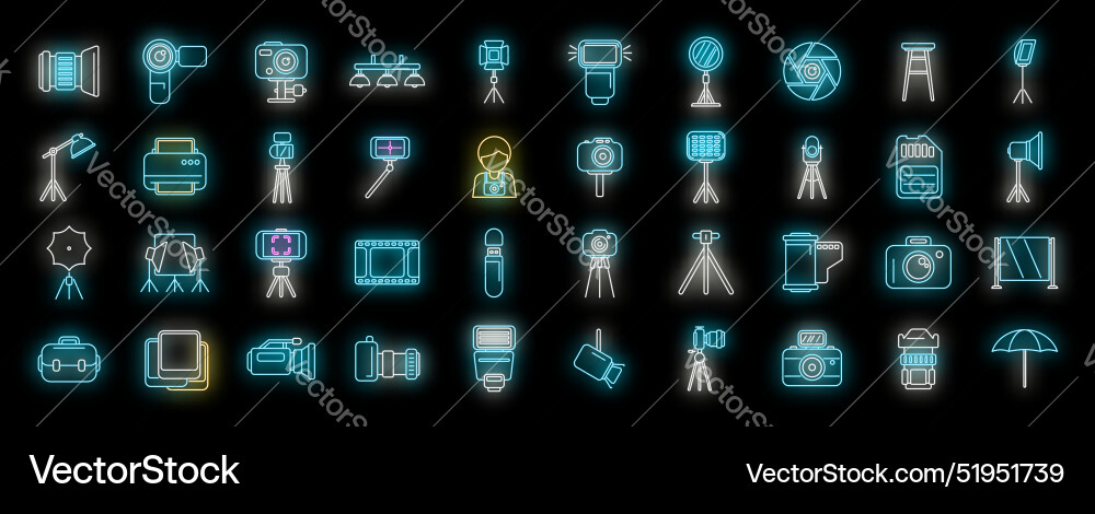 Photo studio icons set neon Royalty Free Vector Image