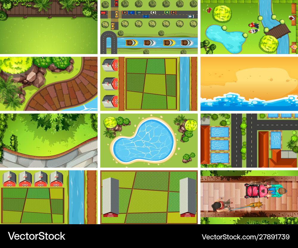 Set top view aerial scenes in nature Royalty Free Vector