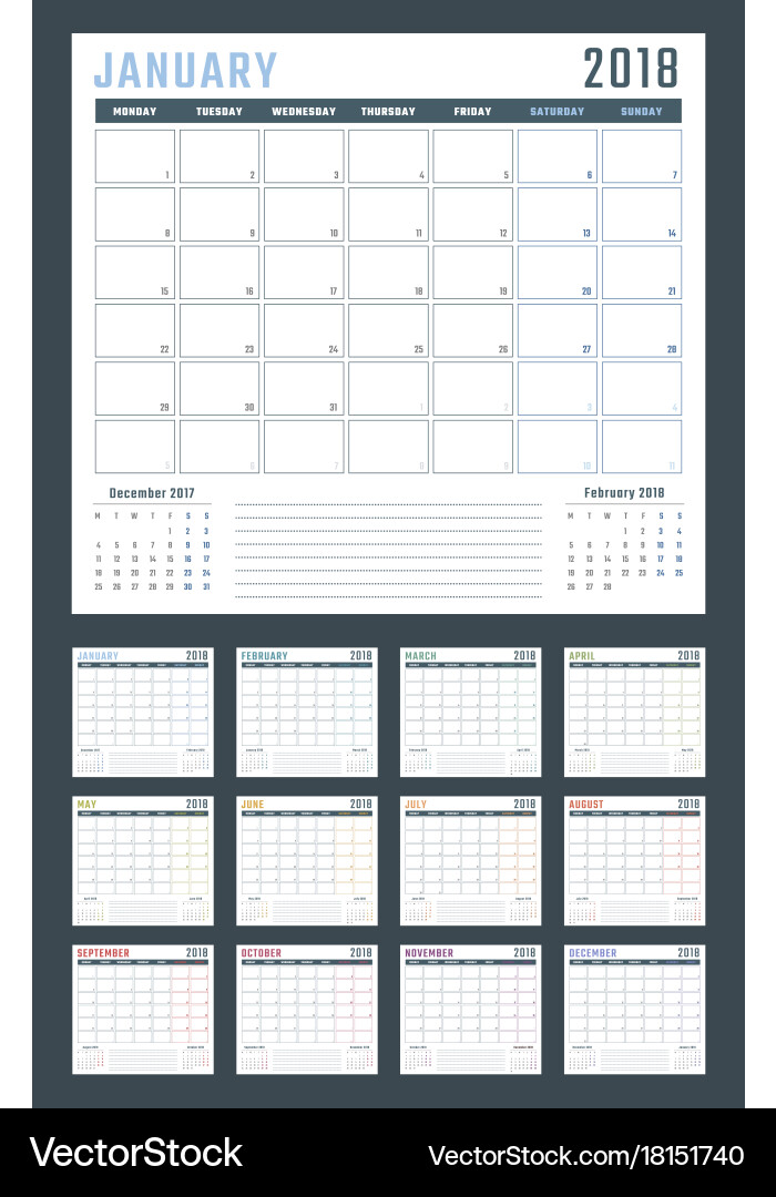 Calendar for 2018 starts monday Royalty Free Vector Image