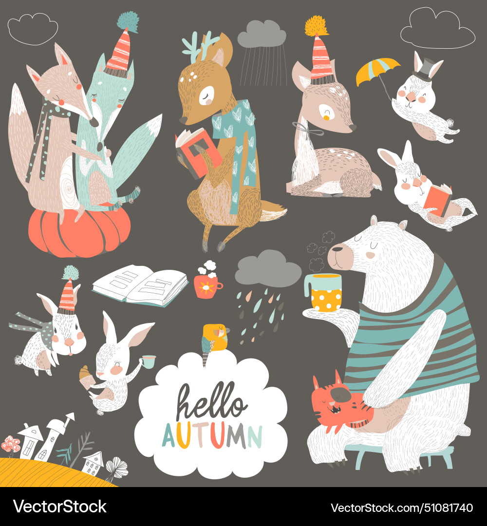 Fall set with cute forest animals in cartoon style
