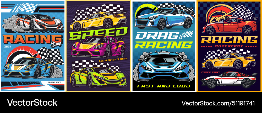 Racing automobiles set posters colorful Royalty Free Vector