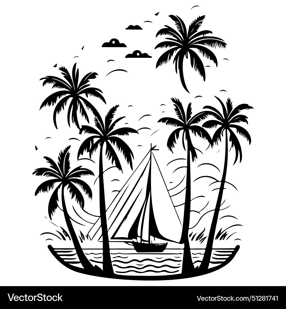 Sail and palm tree sketch Royalty Free Vector Image