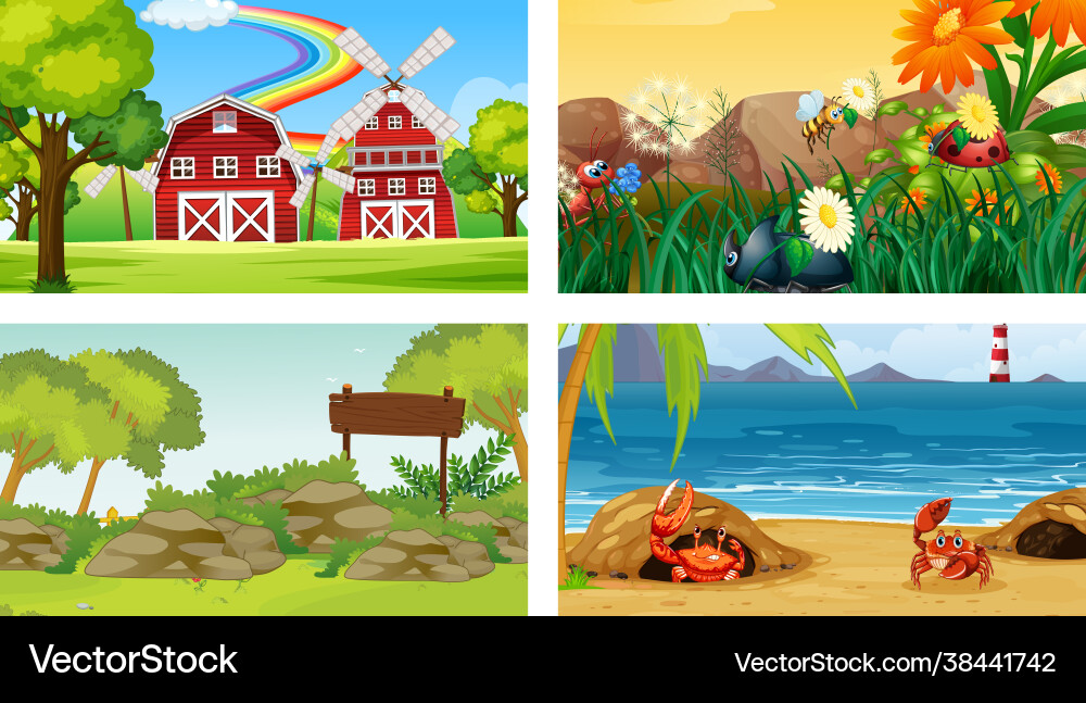 Four different scenes with various animals Vector Image