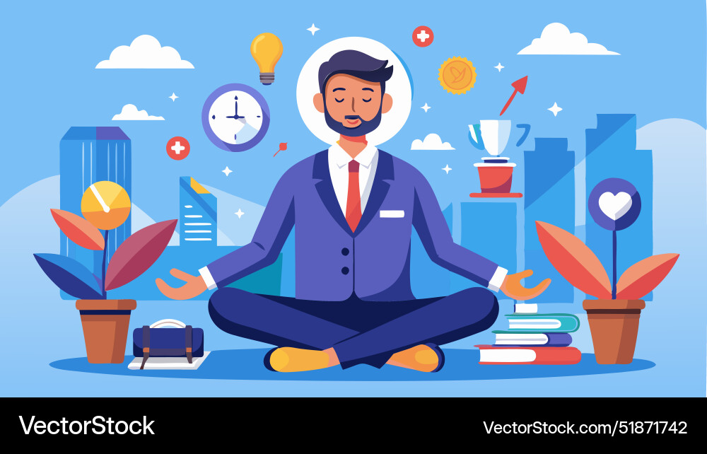 Mindful businessman balancing work and wellness Vector Image