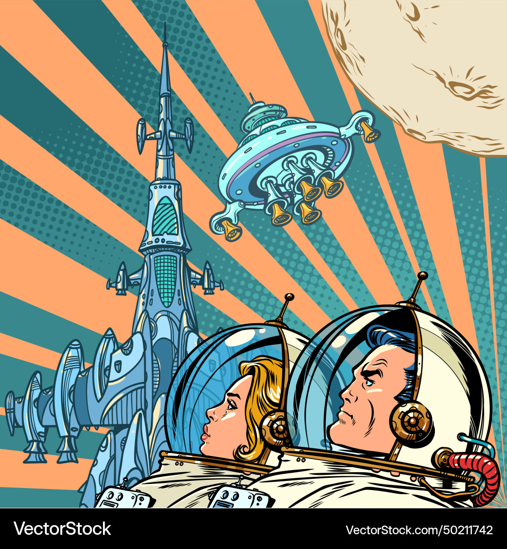 Pop art retro astronauts look together at a space Vector Image