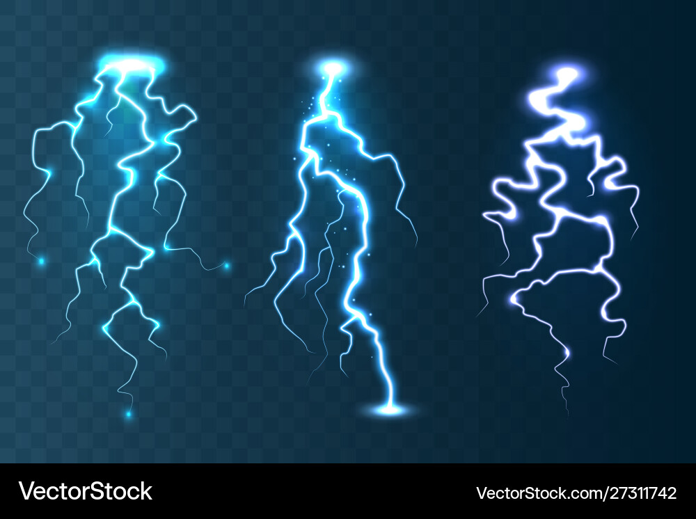 Realistic lightning collection on blue transparent