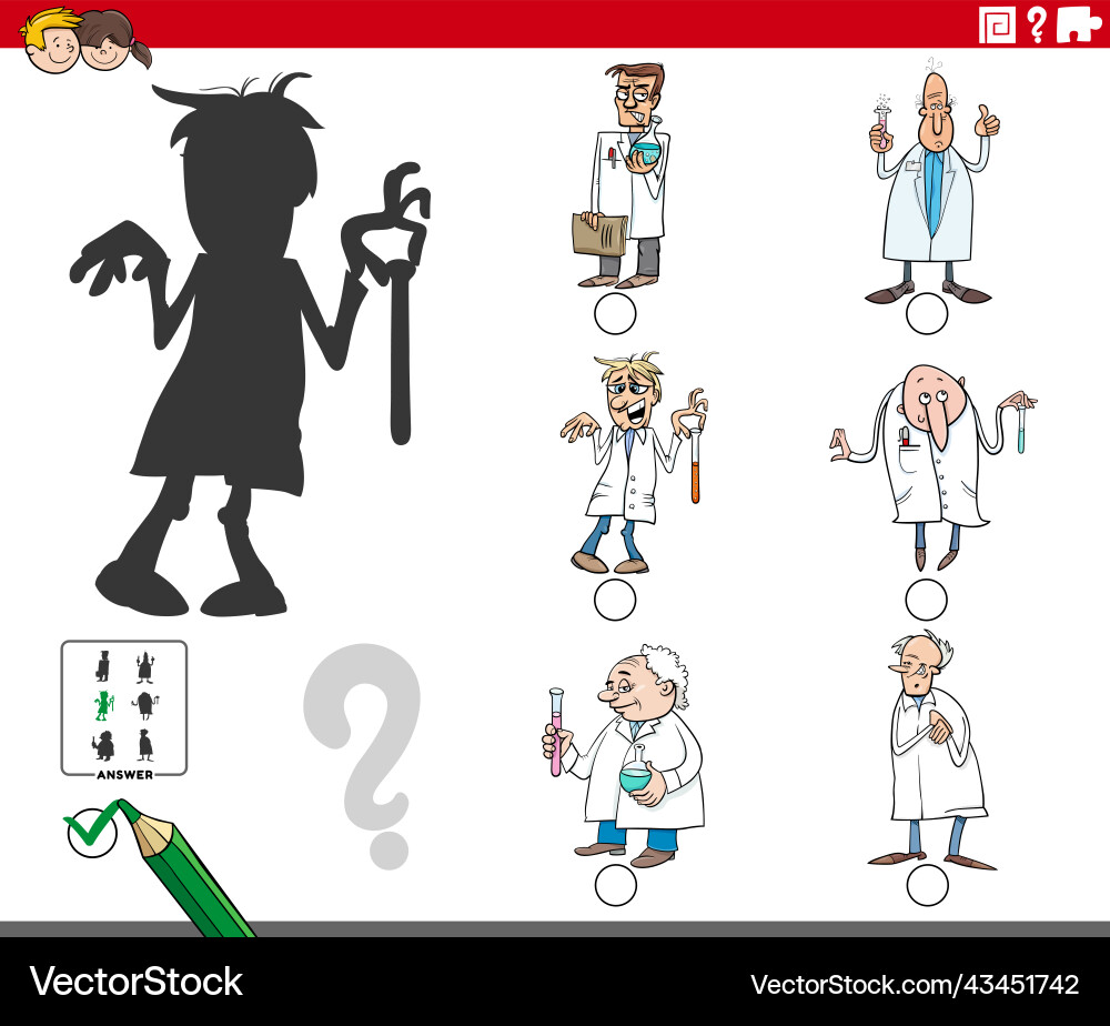 Shadow game with cartoon scientist characters Vector Image
