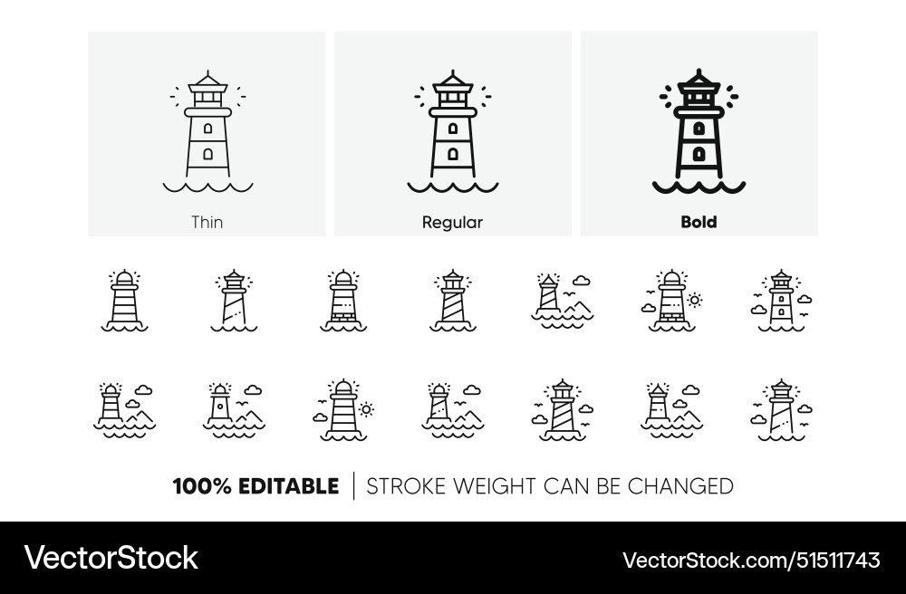 Lighthouse line icons searchlight tower Royalty Free Vector