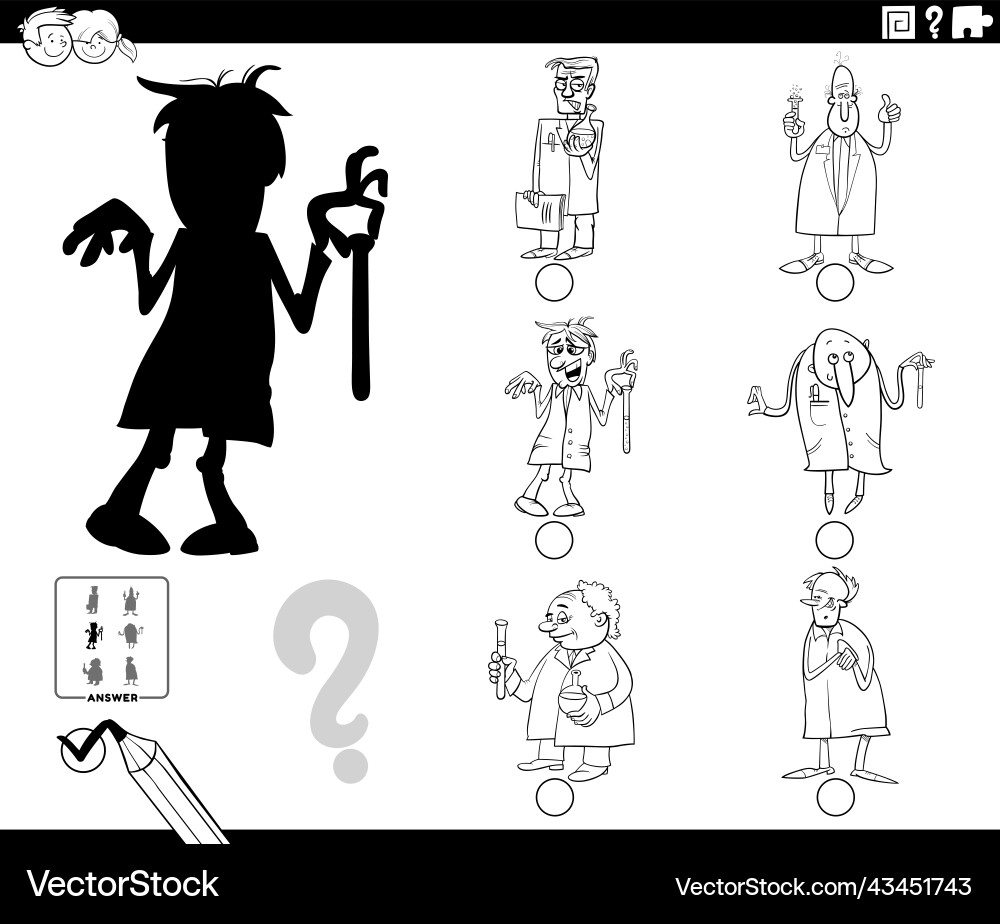 Shadow game with cartoon scientists coloring page Vector Image