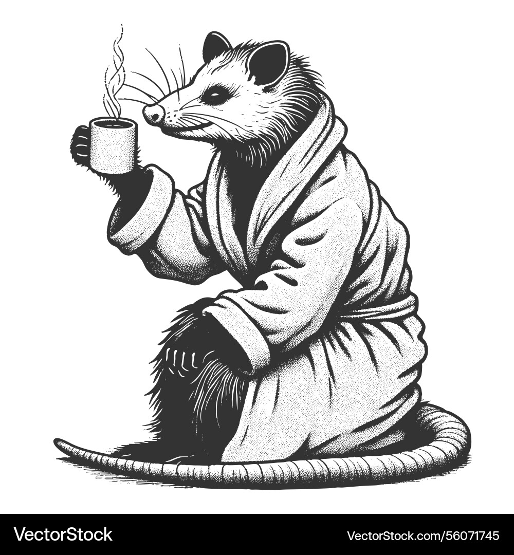 Possum in bathrobe drinking coffee Royalty Free Vector Image