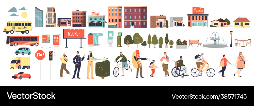 Urban city cartoon elements people park Royalty Free Vector