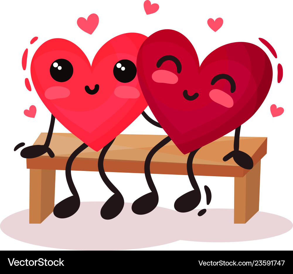 Two humanized hearts sitting on bench and hugging Vector Image