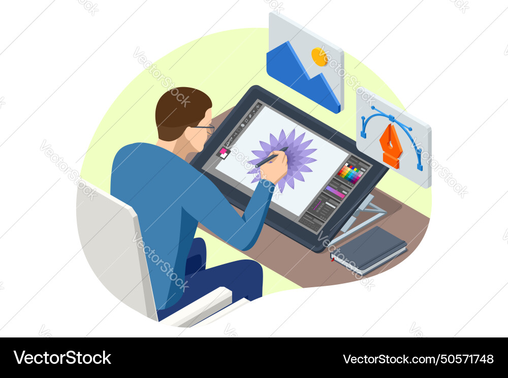 Isometric graphic design studio artist drawing Vector Image