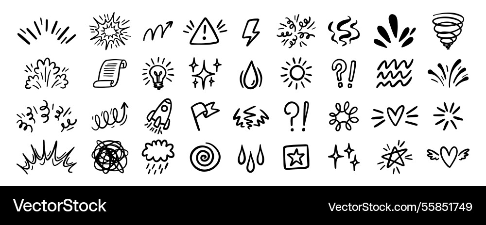 Comic effect icon set manga doodle elements Vector Image
