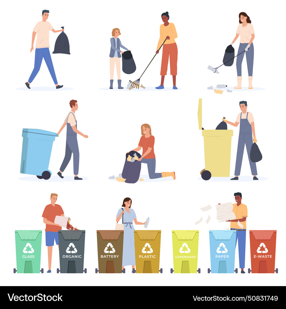 People sorting waste set Royalty Free Vector Image