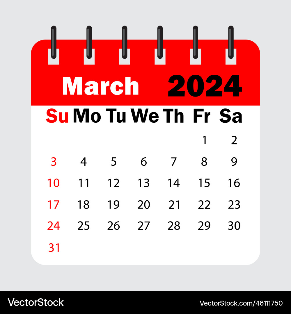 Red March 2024 Calendar Sheet Royalty Free Vector Image