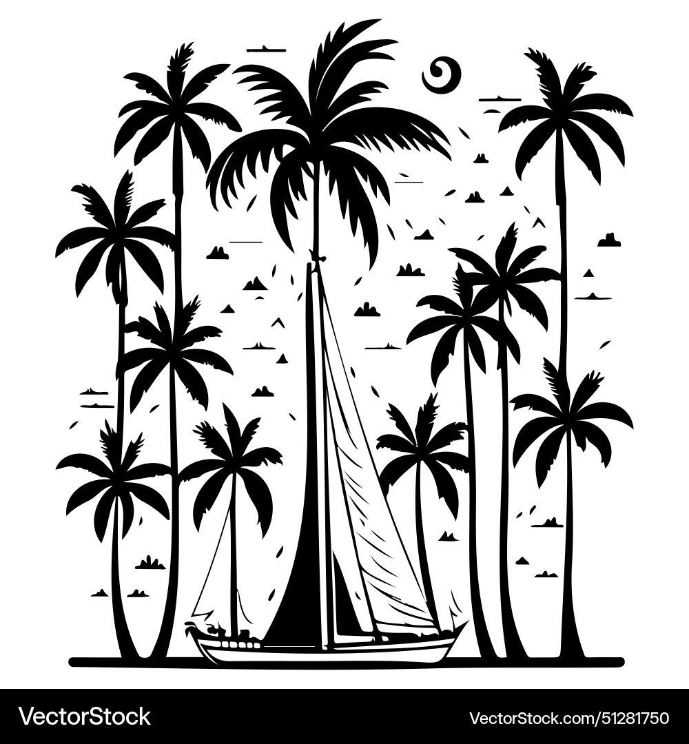 Sail and palm tree sketch Royalty Free Vector Image