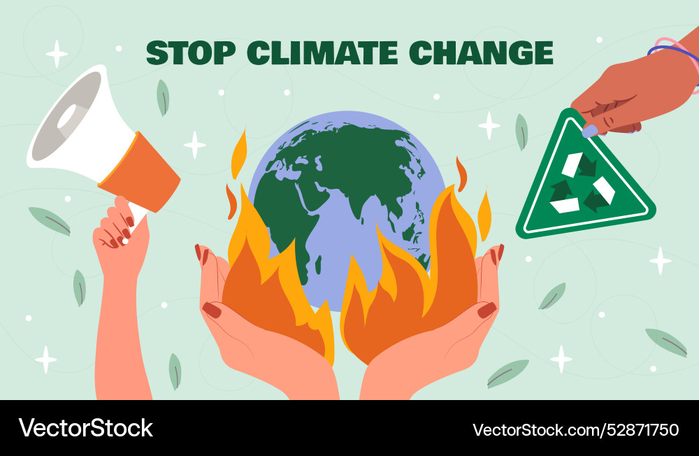 Stop climate change hands with burning planet Vector Image
