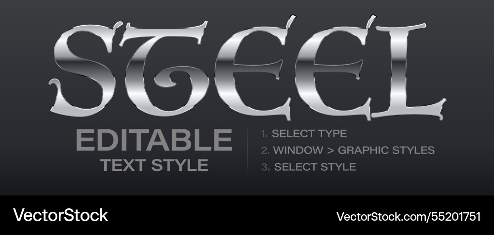 Steel editable text effect metallic graphic style Vector Image