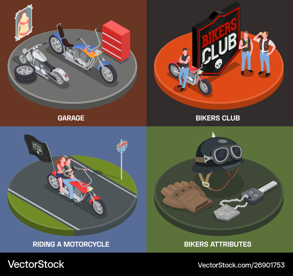 Bikers isometric 2x2 design concept Royalty Free Vector